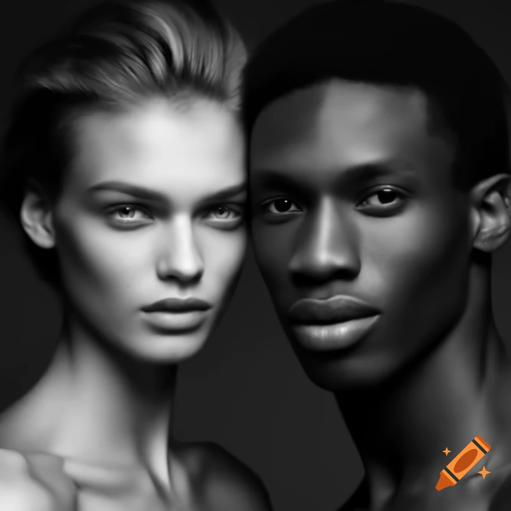Female and male supermodels smiling in high contrast studio setting on ...