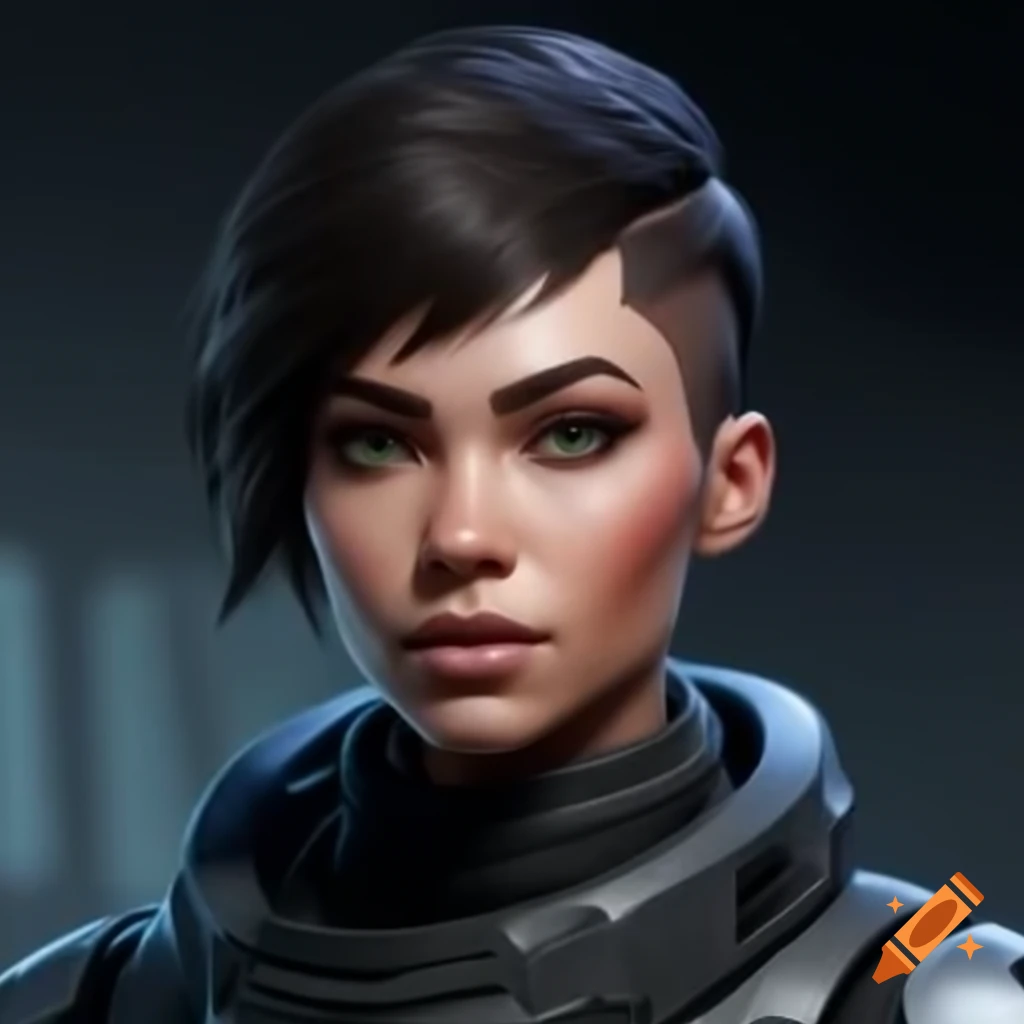 Futuristic female soldier with short faux hawk hair and rugged look on ...