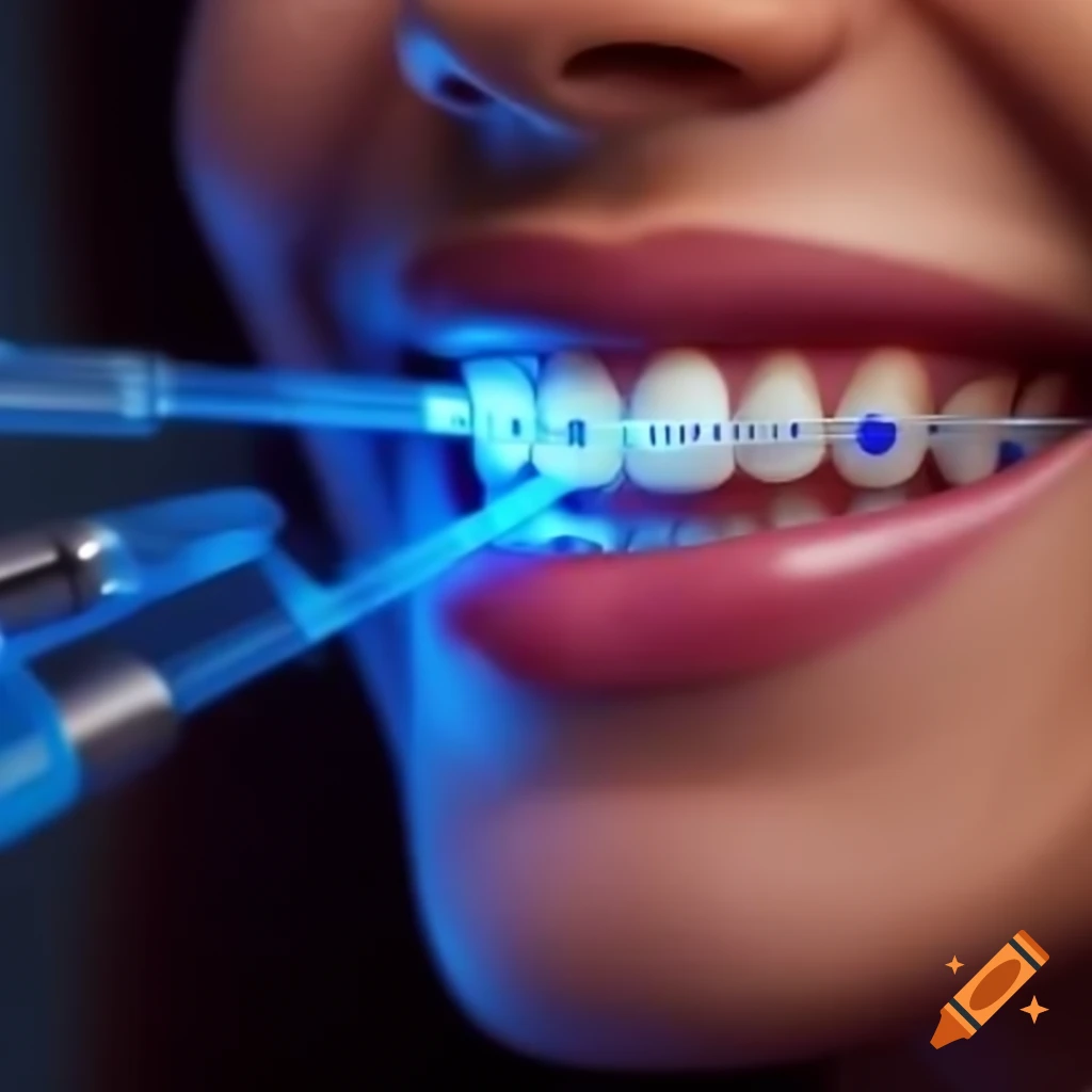 Close-up of smiling woman’s mouth with blue neon dental braces and blue ...