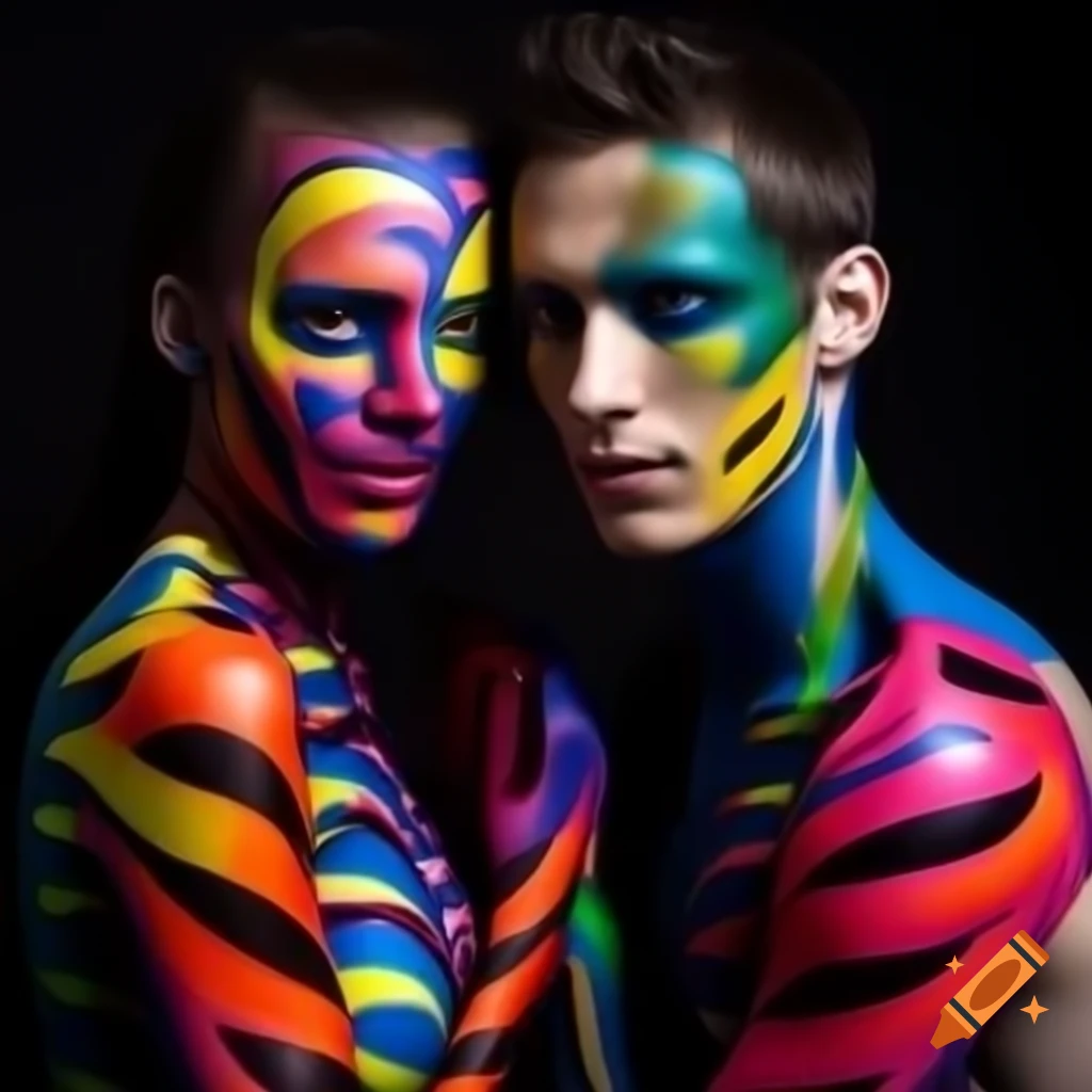 Female and male supermodels smiling in studio with colorful glowing ...