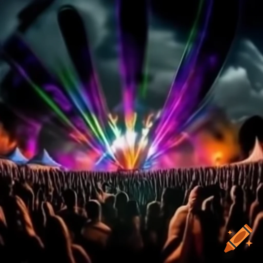 Colorful 1990s rave music scene with lights, lasers, tents, and ...