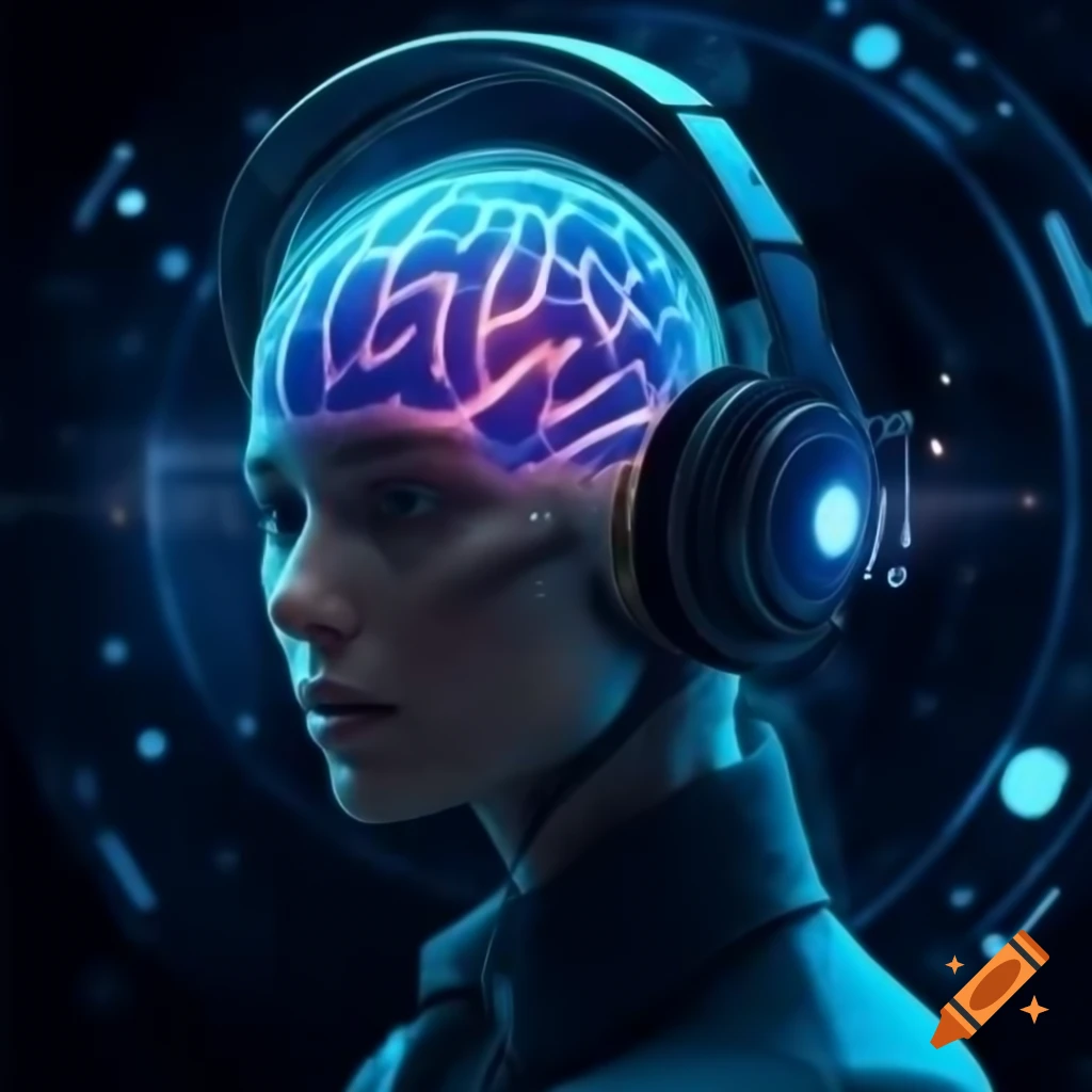 Person wearing futuristic brain scanner headset with glowing data on ...