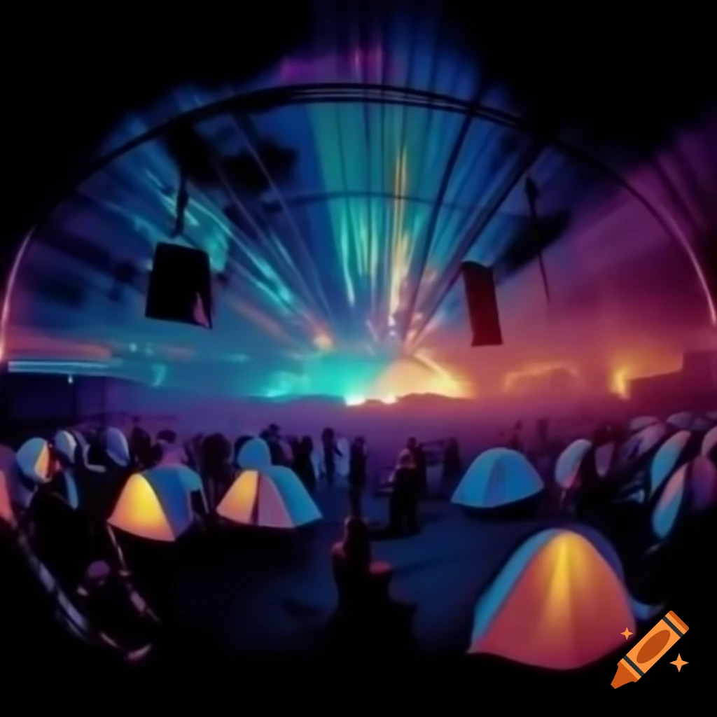 Colorful 1990s rave music scene with lights, lasers, tents, and ...