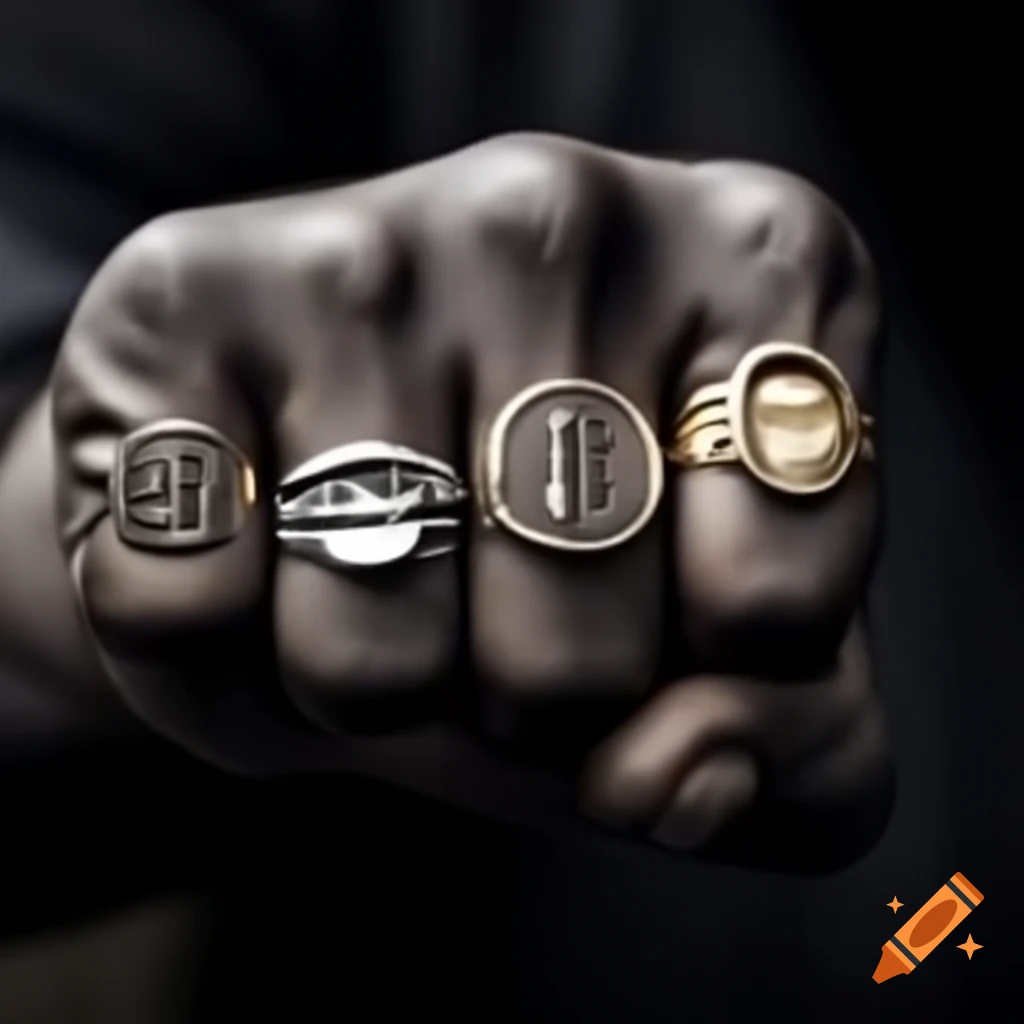 Black fist wearing four rings with the word HEAD embossed on them on ...
