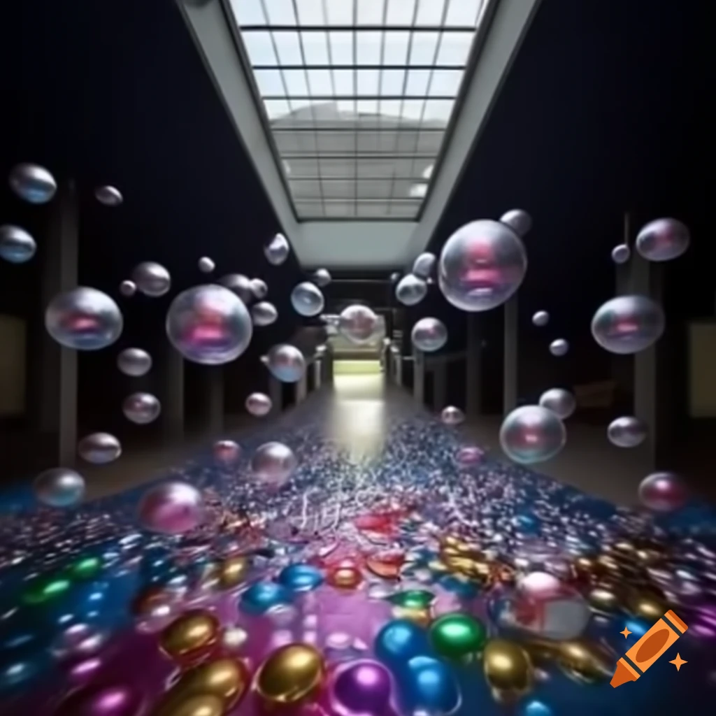Absurd colorful metallic structure with bubbles in well-lit building on ...