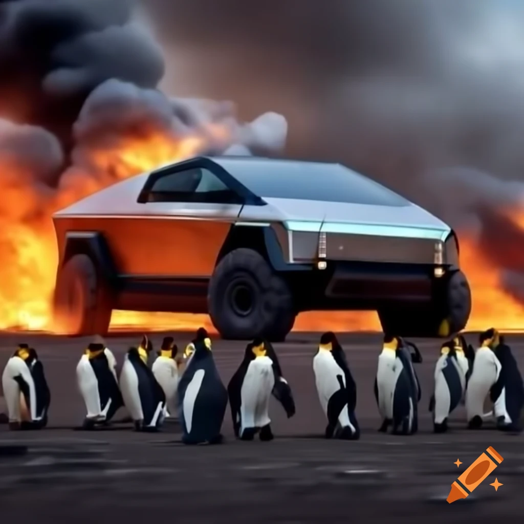 Group of penguins observing a Tesla Cybertruck on fire on Craiyon