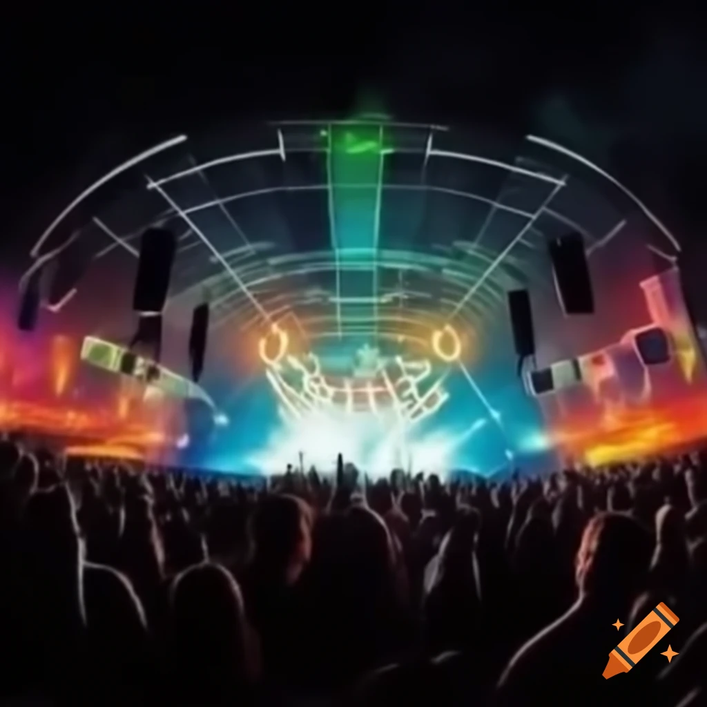 Colorful 1990s rave music scene with lights, lasers, tents, and ...