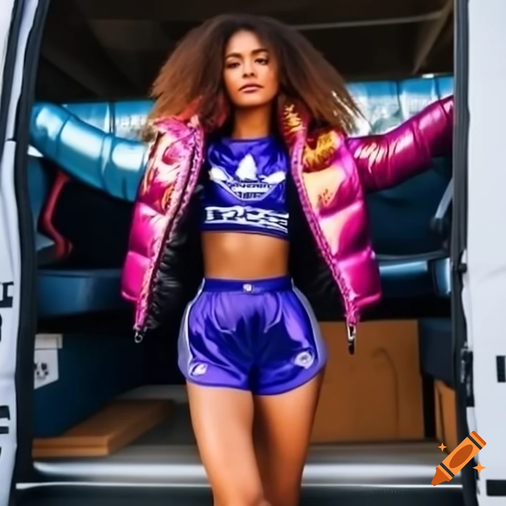 Woman in shiny adidas sprinter shorts and puffer jacket on Craiyon