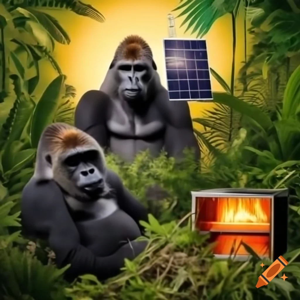 Surreal mix of gorilla and solar oven in jungle with sunlight on Craiyon