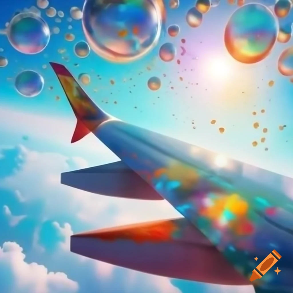 Airplane with colorful metallic paint surrounded by vibrant bubbles in ...