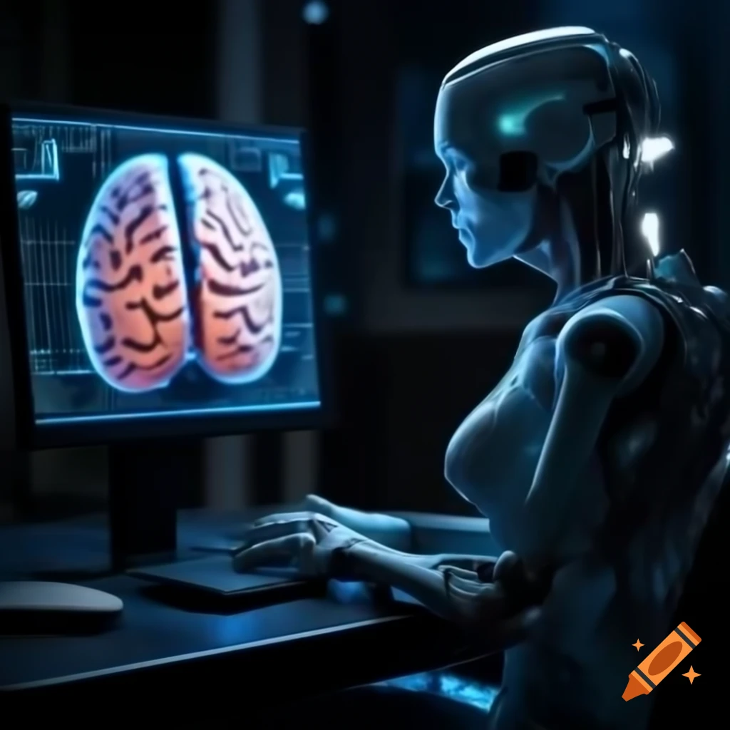 Dark AI system scanning human brain with memories displayed on screen in futuristic setting on ...