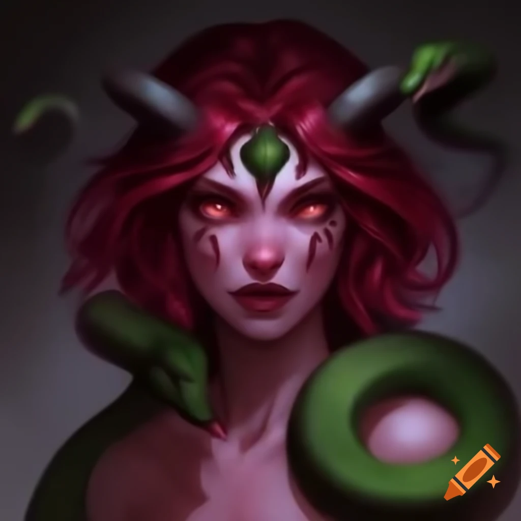 Demon representing envy with ruby hair, green scaled skin and snakes on ...