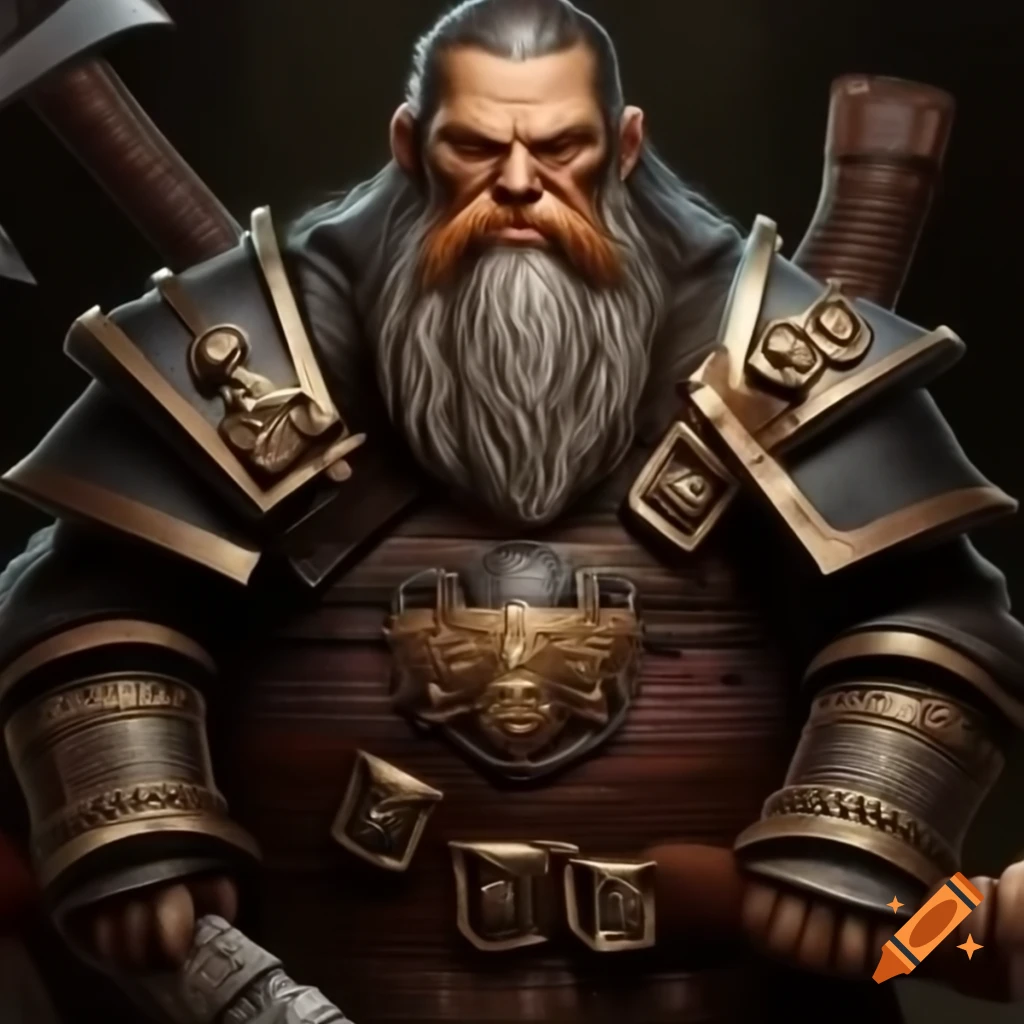 Stern dwarf in ornate armor holding a two-handed axe, prepared for ...