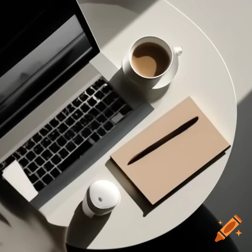 Top-down view of modern desk with laptop, notebook, pen, and coffee cup ...