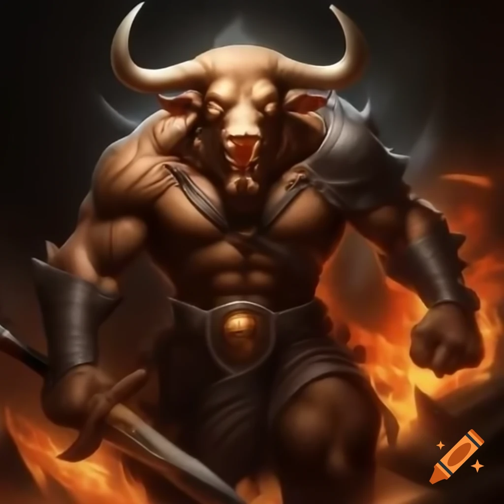 Towering minotaur with swords and glowing eye, dramatic fantasy scene ...