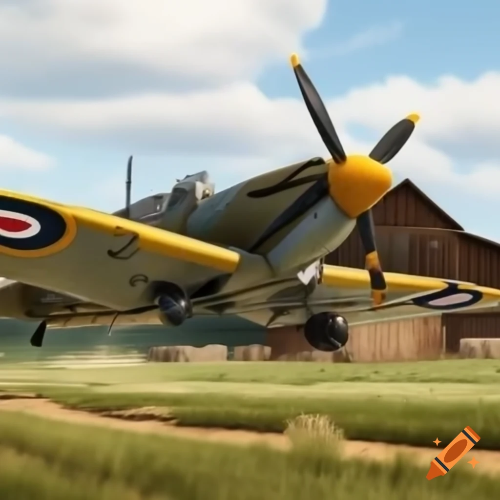 Vintage Spitfire plane nose-diving into rustic barn in farmland on Craiyon