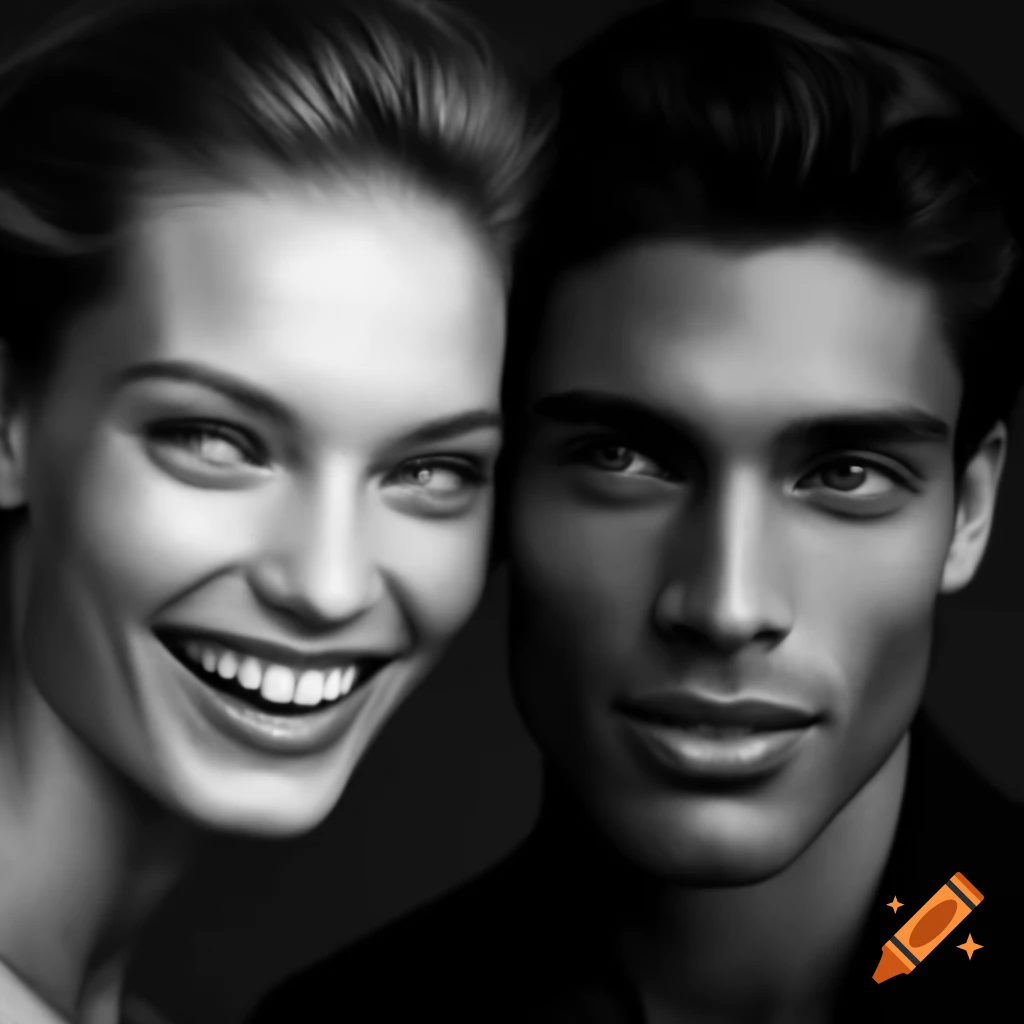 Stylish female and male supermodels smiling in studio, high contrast ...