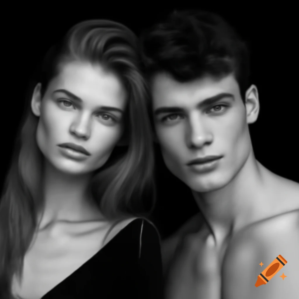 Female and male supermodels smiling in high contrast studio setting on ...