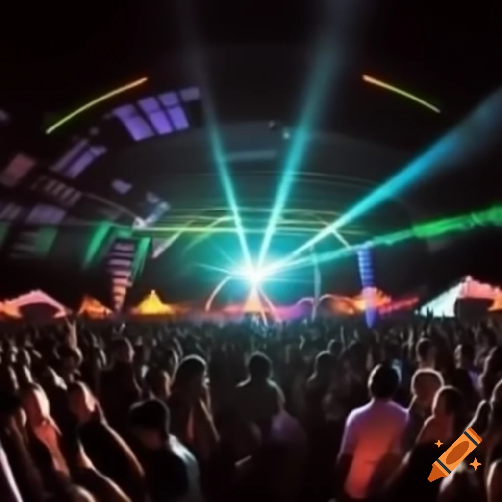 Colorful 1990s rave scene with lights, lasers, tents, and DJ decks on ...