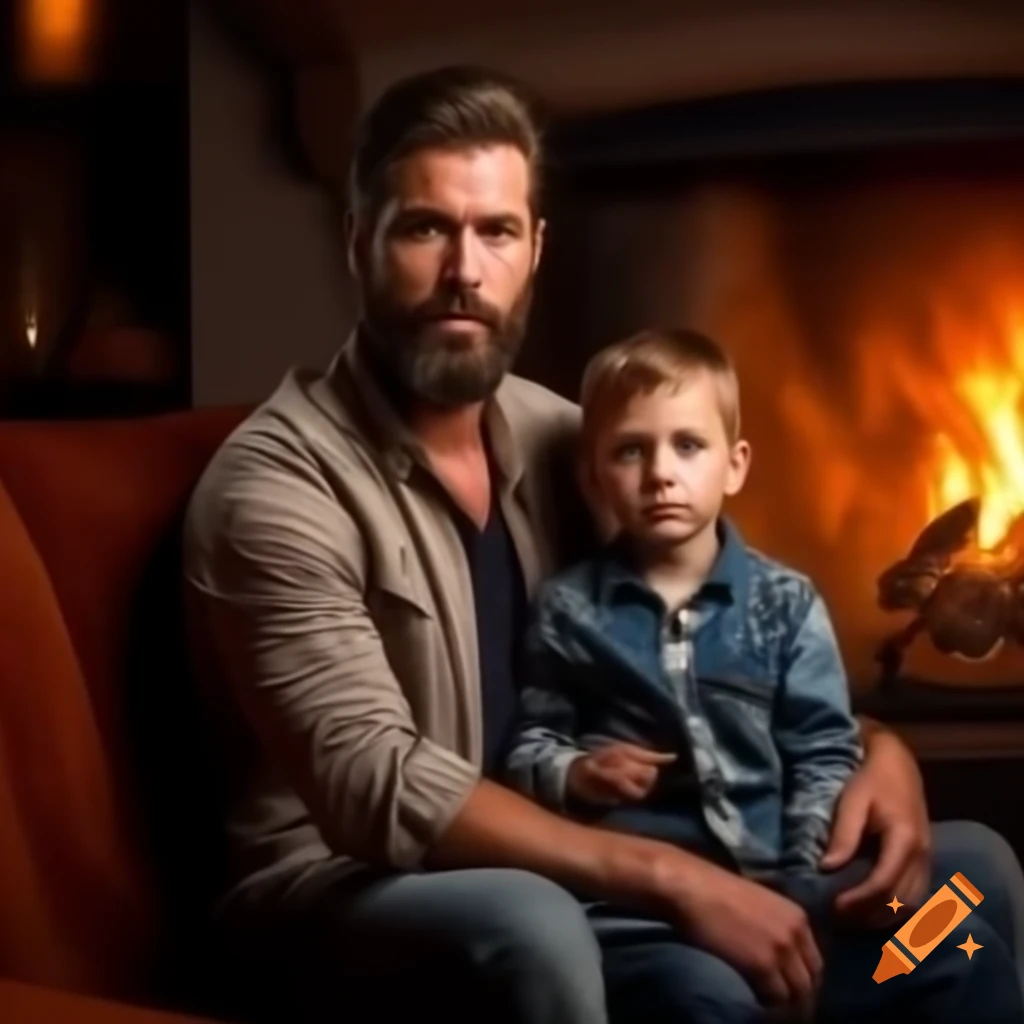 Handsome father storytelling by fireplace to wife and young son on Craiyon