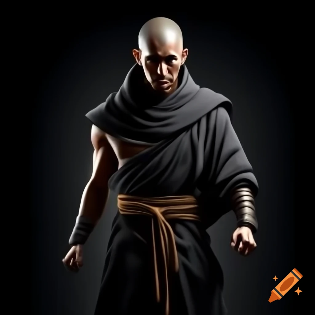Warrior monk in black robes standing in fighting pose on Craiyon