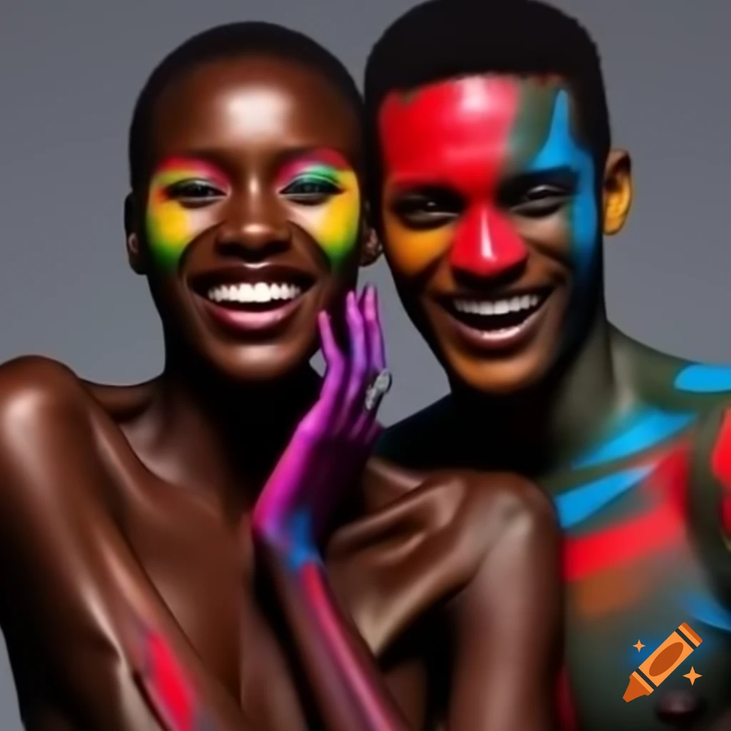 Female and male supermodels smiling in colorful body paint, high ...
