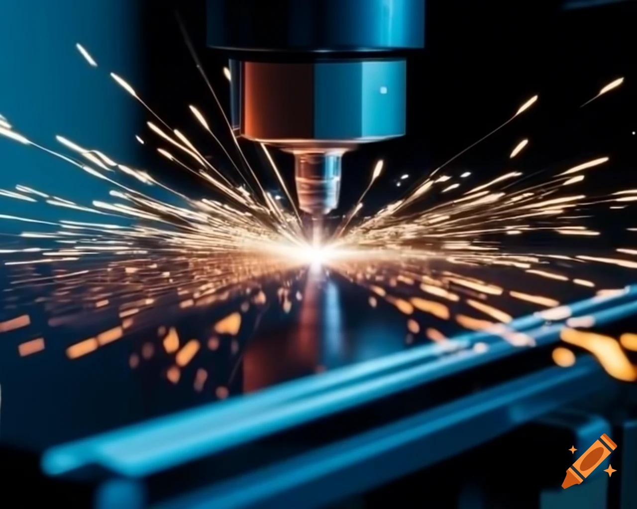 Close-up of laser cutting machine generating sparks, for large displays ...