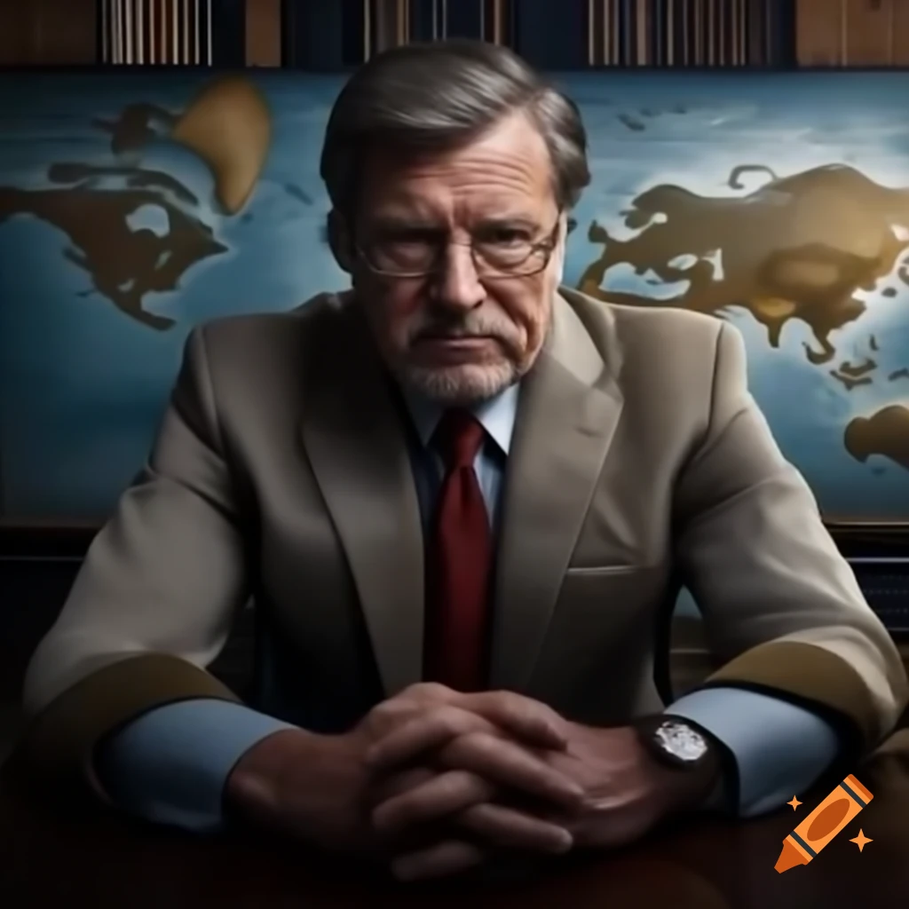 Muscular CEO surveying world map in office, exuding command and ...