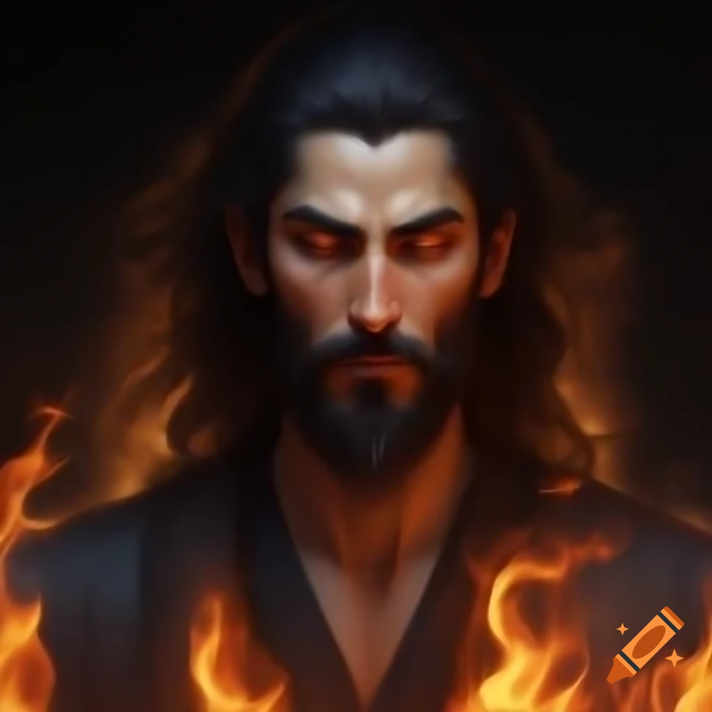 God of flame in flowing robes with ember glow and thoughtful expression ...