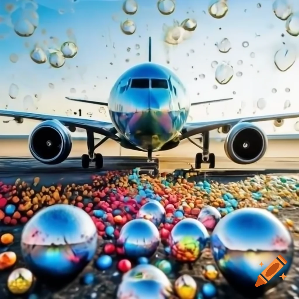 Airplane in the air with colorful metallic paint and bubbles, bright ...