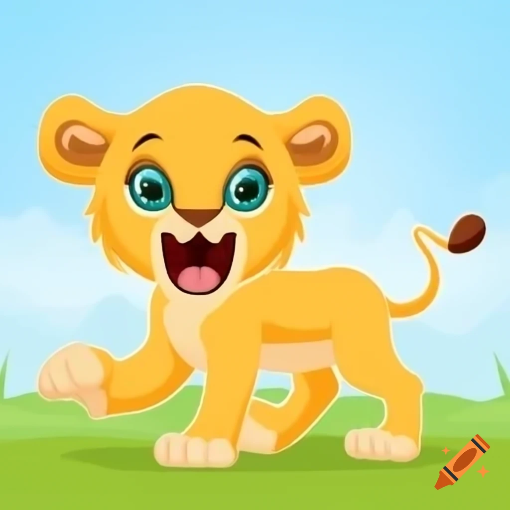 Young lion cub roaring playfully in grasslands on Craiyon