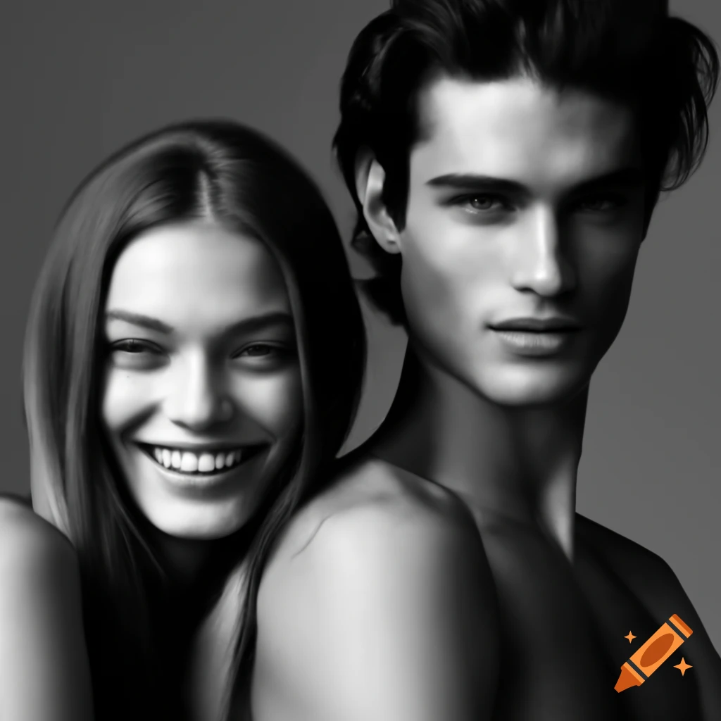 Stylish female and male supermodels smiling in studio, high contrast ...