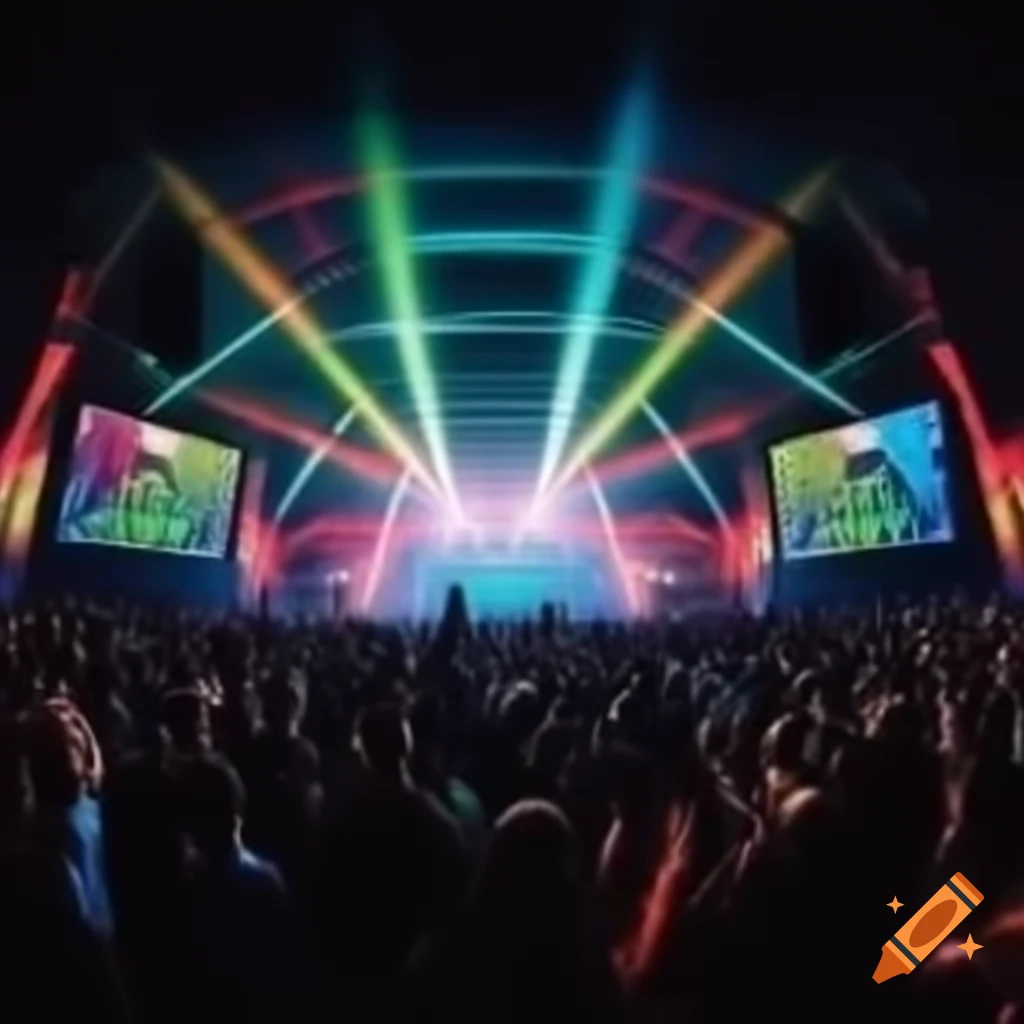 Colorful 1990s rave scene with lights, lasers, tents, and DJ decks on ...