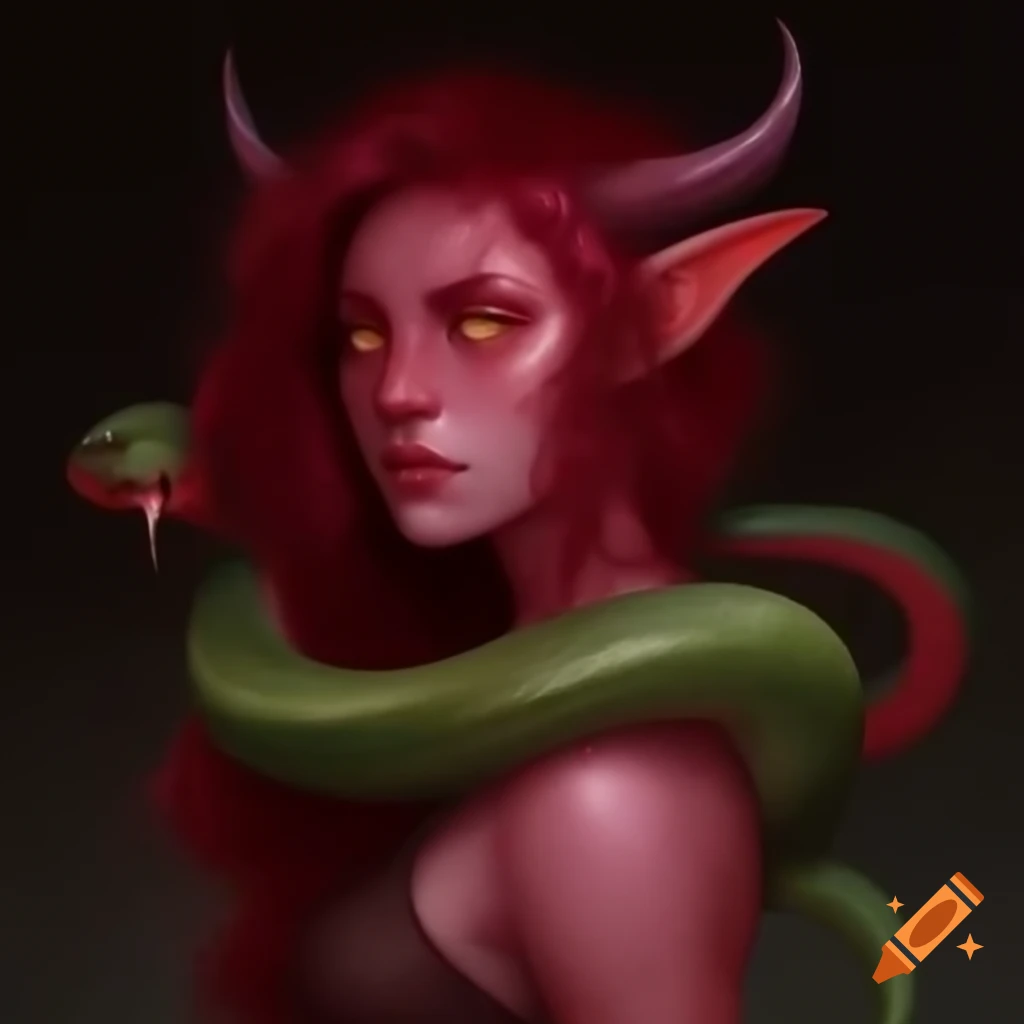 Demon representing envy with ruby hair, green scaled skin and snakes on Craiyon