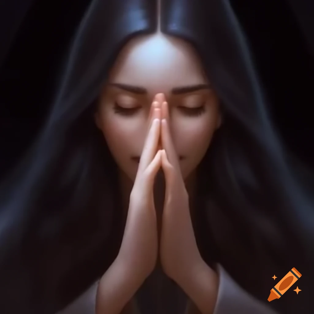 Woman with dark hair in prayer, symbolizing faith and hope on Craiyon