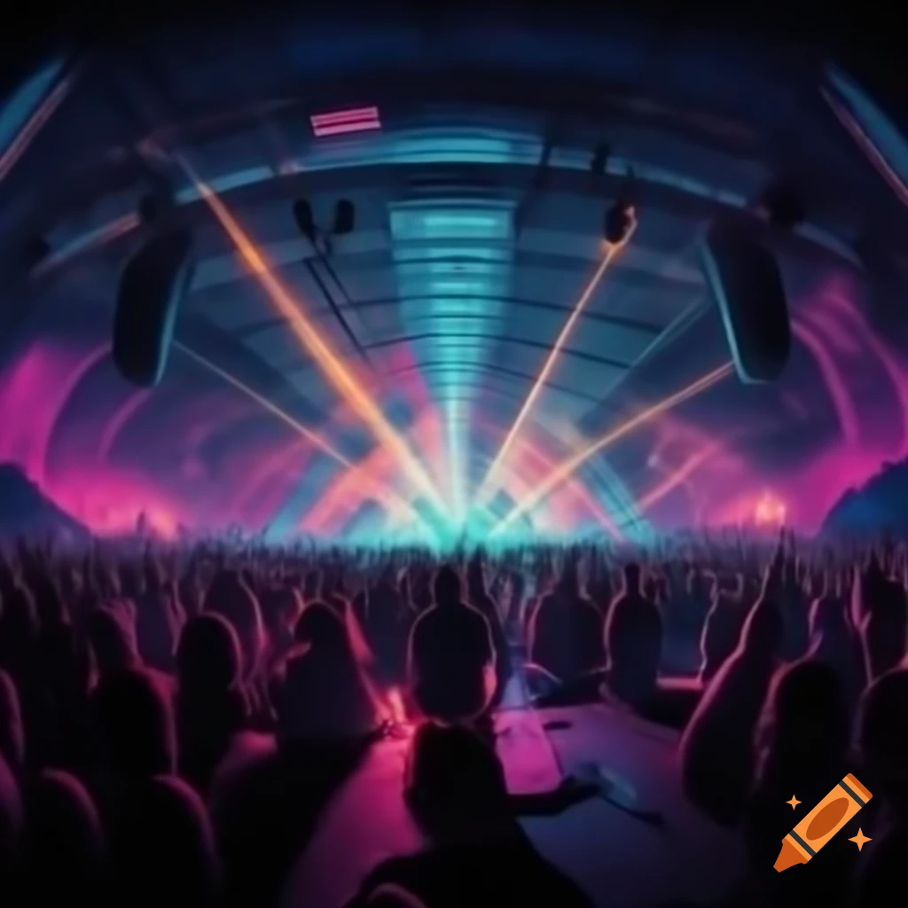 Colorful 1990s rave music scene with lights, lasers, tents, and ...