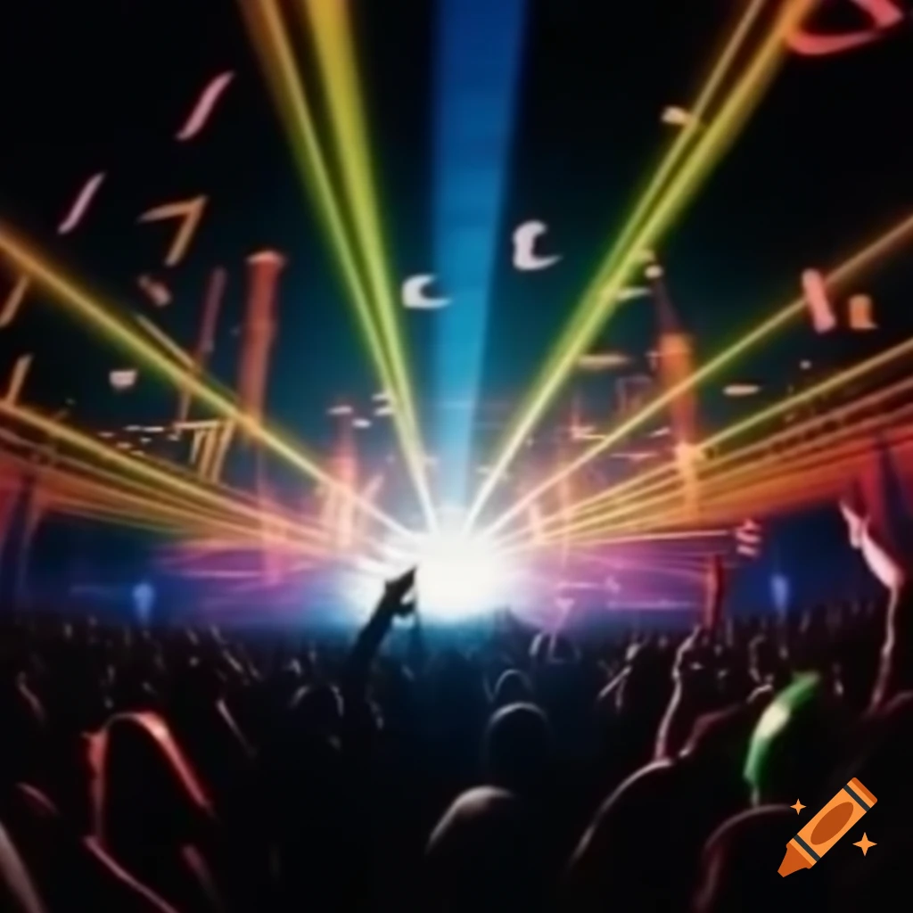 Colorful 1990s rave party scene with lights and lasers on Craiyon