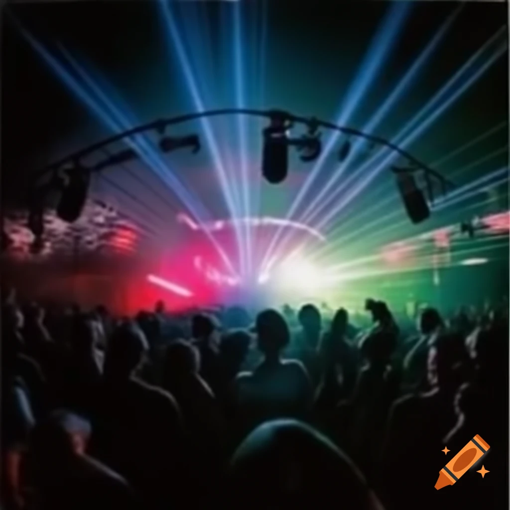 Colorful 1990s rave party scene with lights and lasers on Craiyon