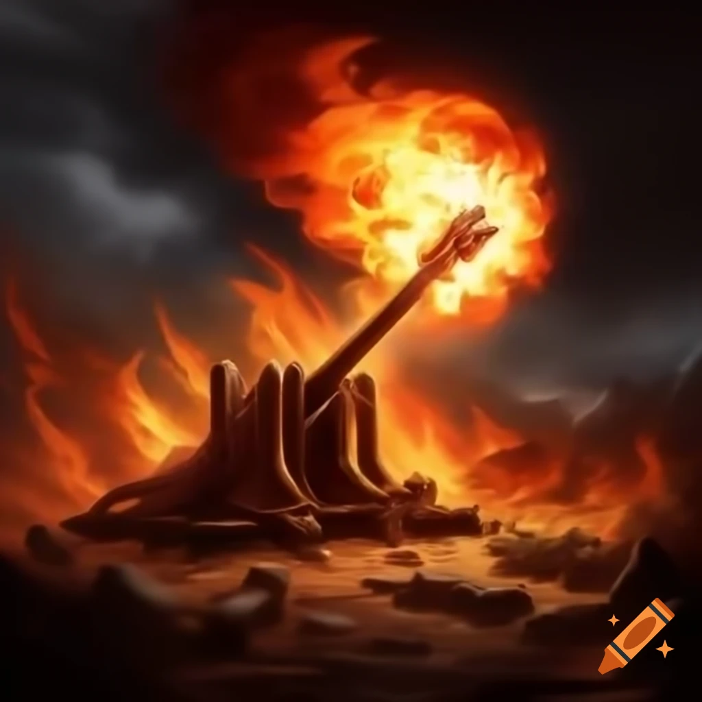 Flaming catapult launching fiery projectile on Craiyon