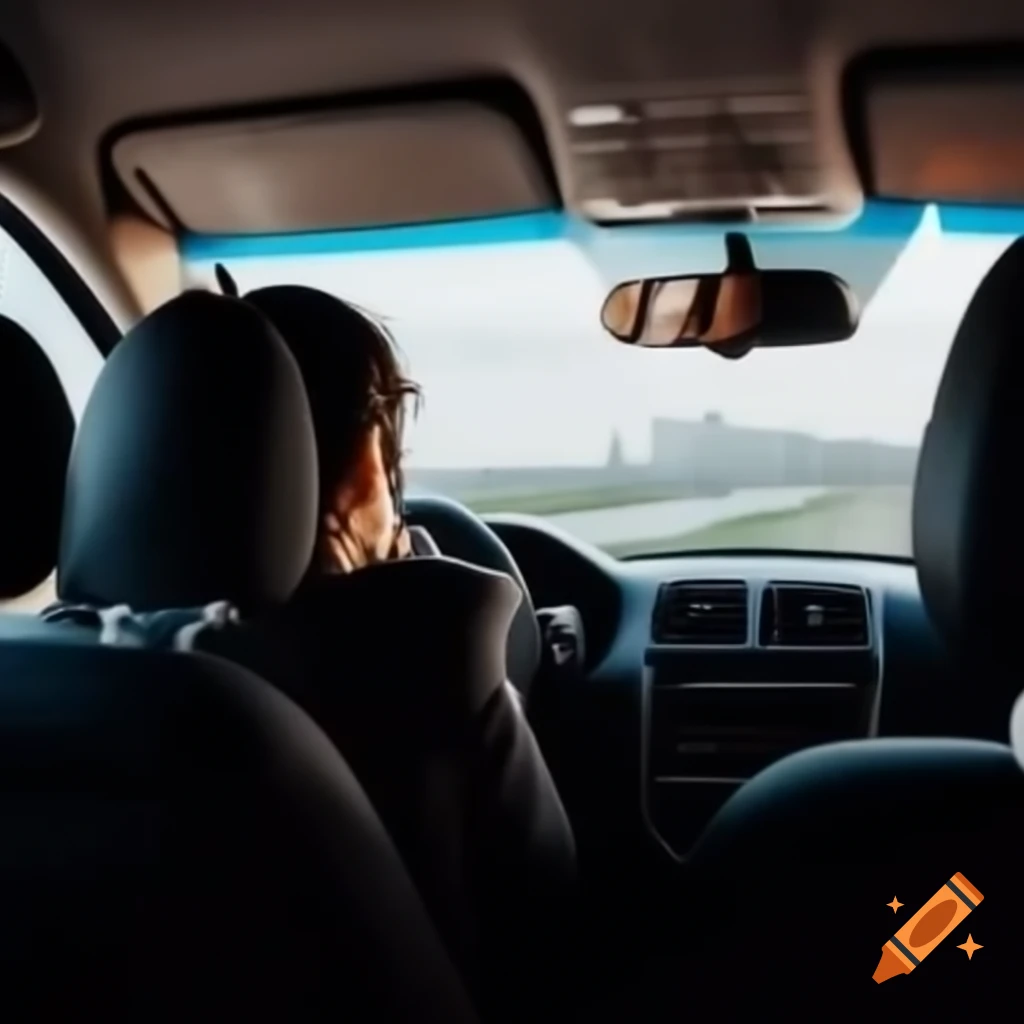 View from backseat of car showing driver in rear view mirror on Craiyon
