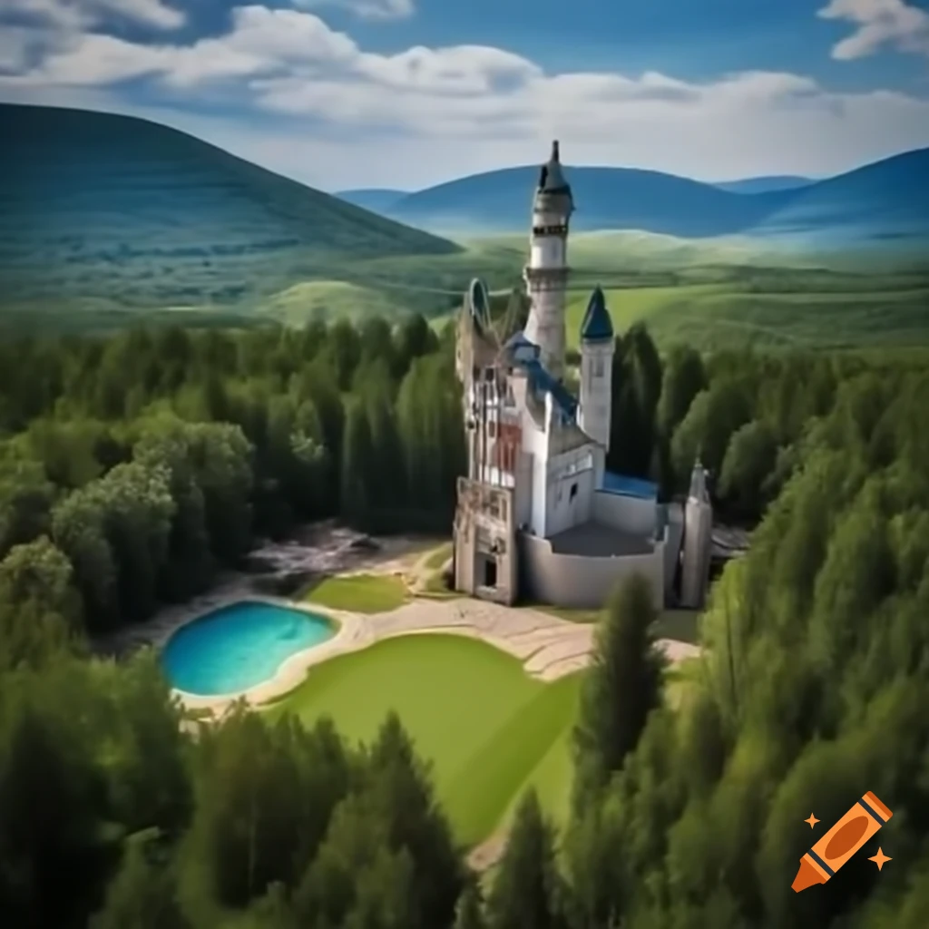 Dream castle-like school in forest with park, sports pitch, and natural ...