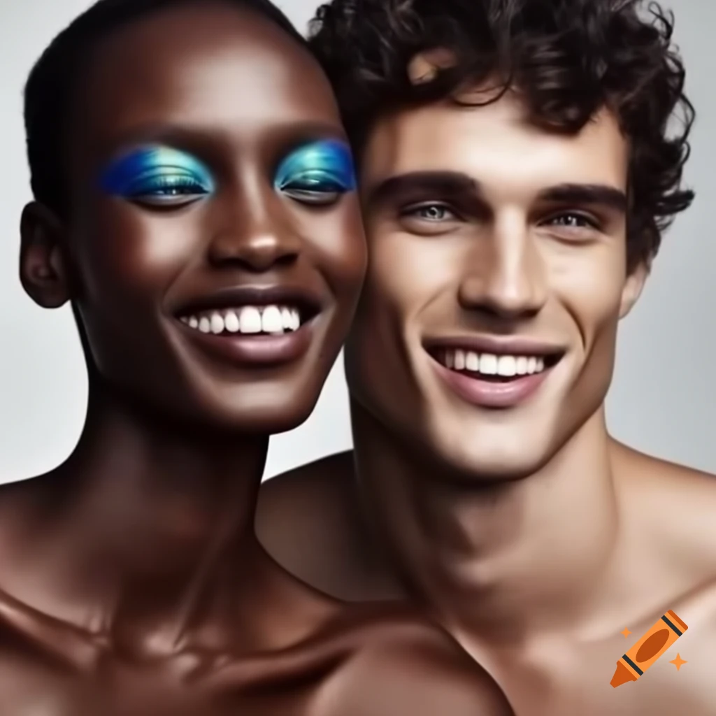 Female and male supermodels smiling in a high contrast, colorful studio ...