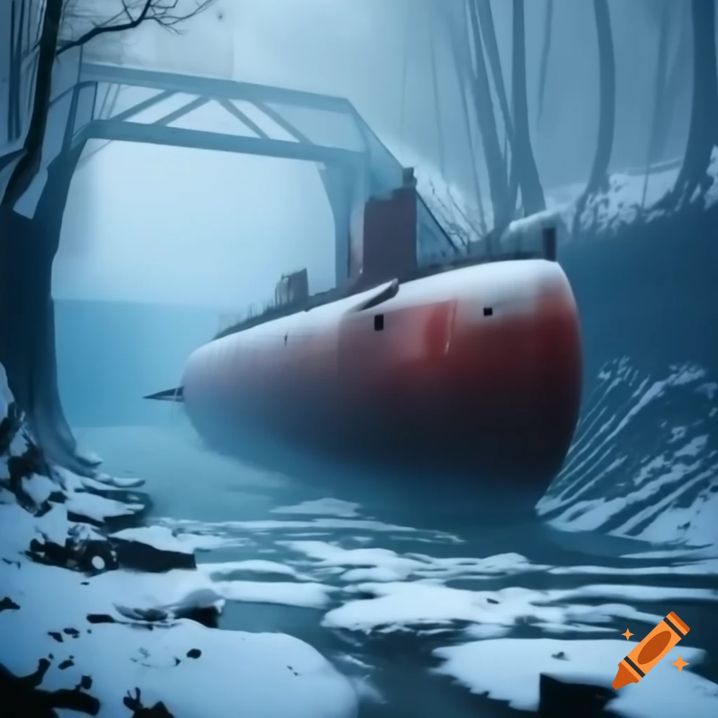 WWII ghost submarine surfacing with red stains on icy water on Craiyon