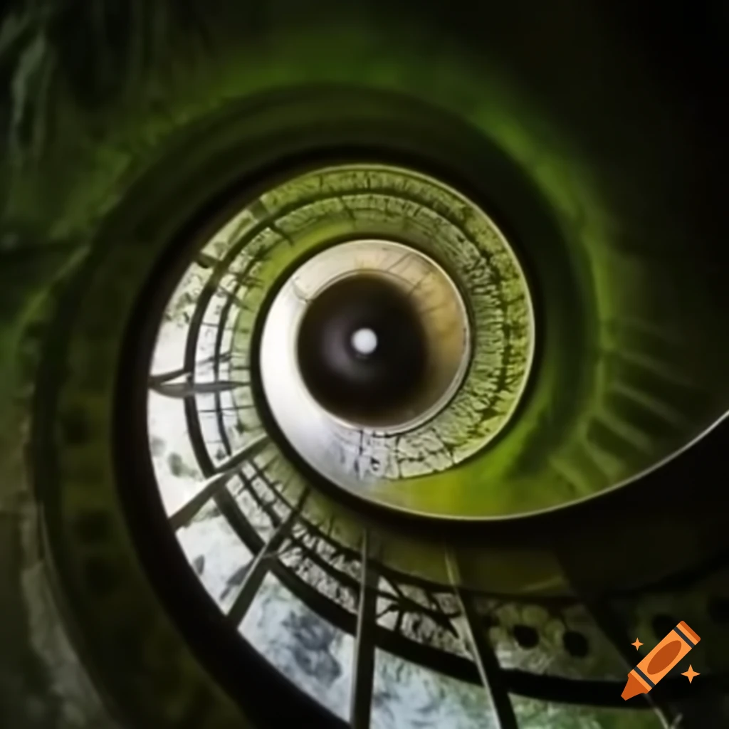 Hypnotic infinite spiral staircase clock with old stone and rays of ...