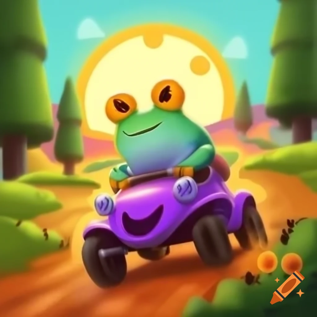 Cheerful purple frog driving vintage Vocho on sunny winding road on Craiyon
