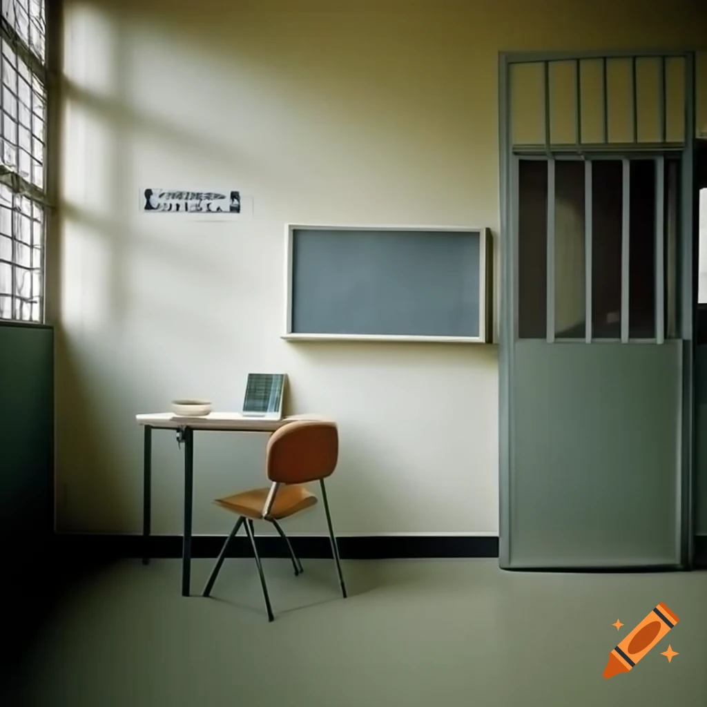 Empty school desk and chair in prison cell with open book and barred ...