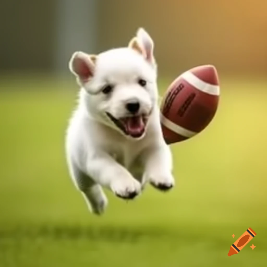 Playful puppy chasing a football with joy on Craiyon