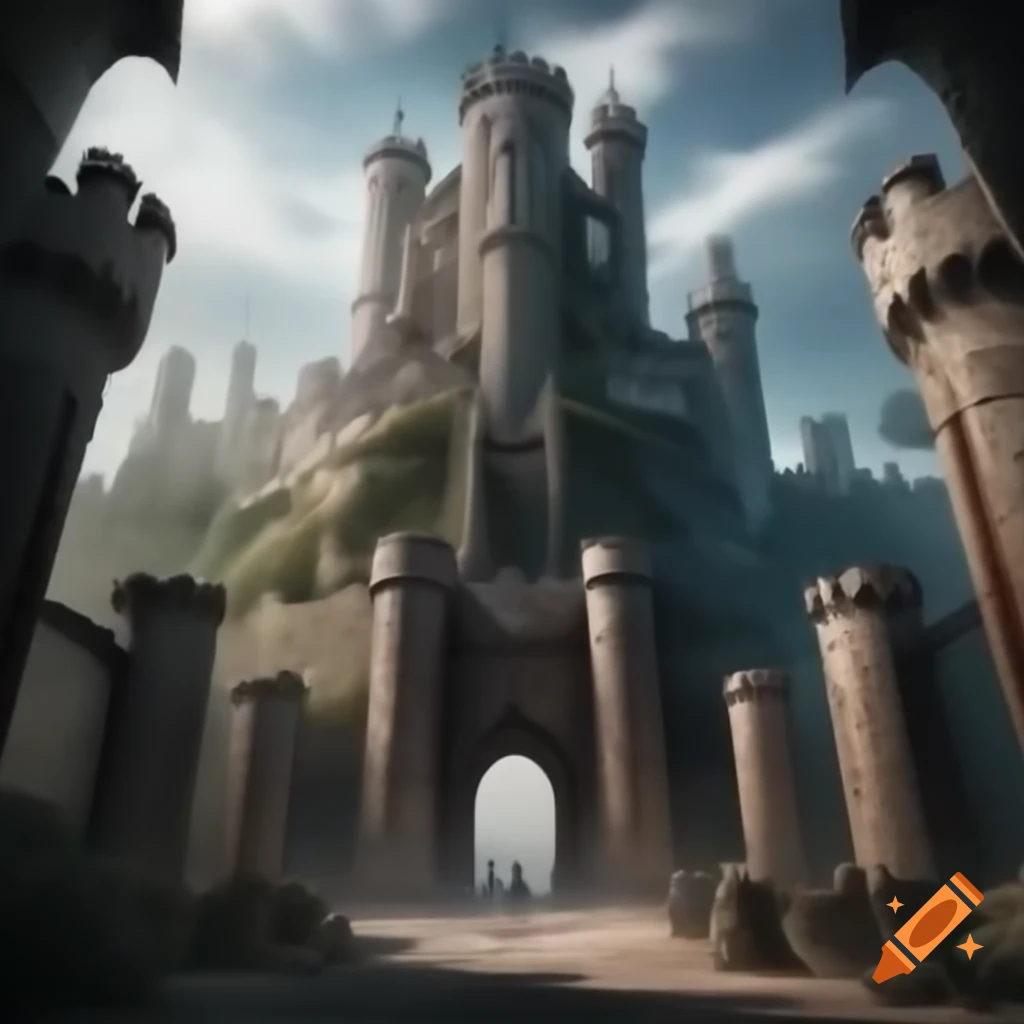 Medieval high fantasy castle with tall defensive walls and closed ...
