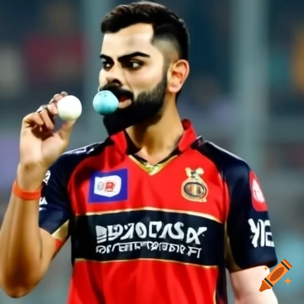 Virat Kohli wearing RCB jersey enjoying a lollipop on Craiyon