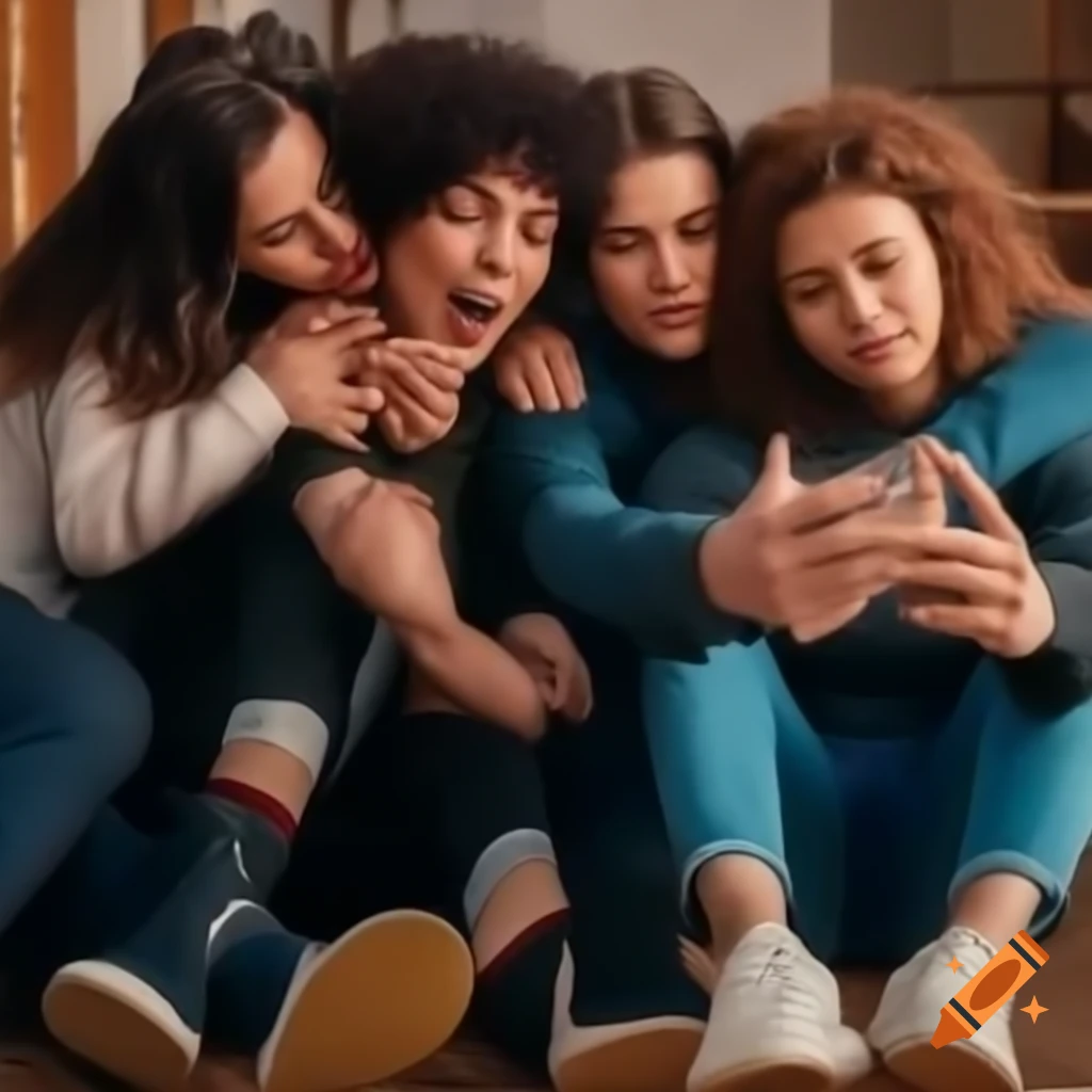 Friends comforting each other transitioning to posed selfies with fake ...